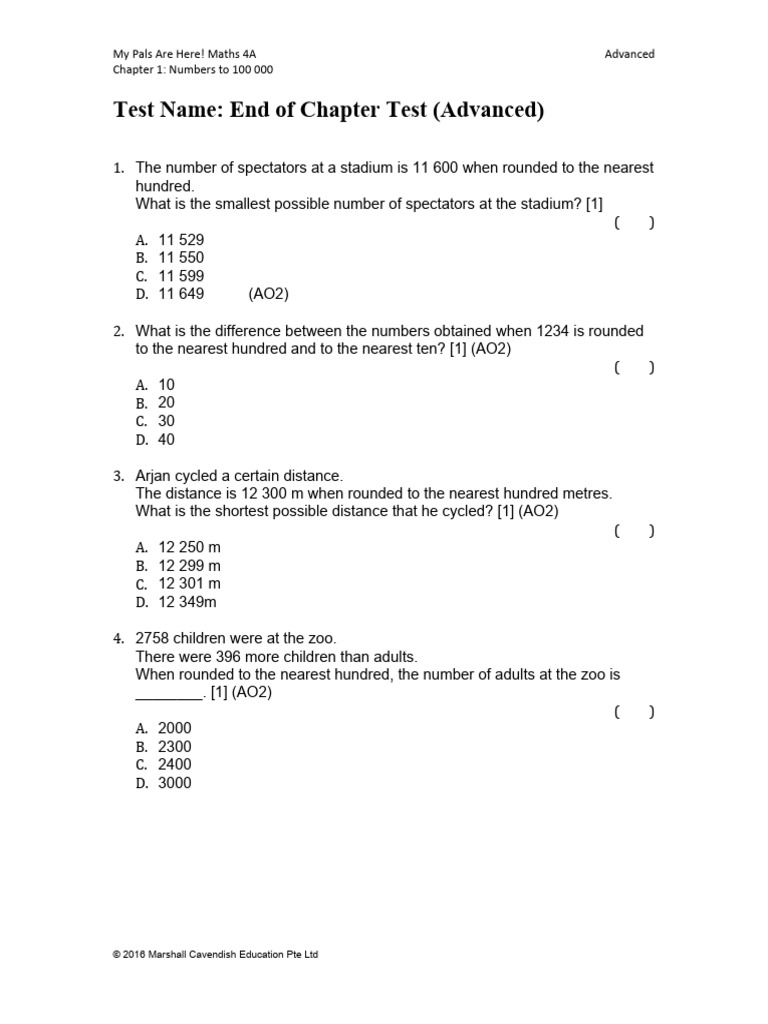 Maths 4A Chapter Test Answers | PDF