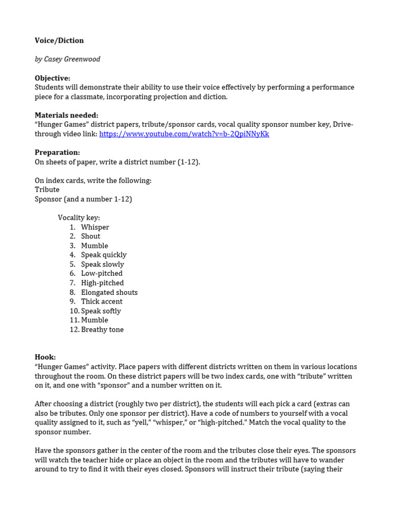 Voice Diction Lesson Plan - Casey Greenwood | PDF | Breathing | Vocal ...