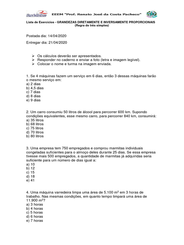 Atividade - Grandezas Diretamente e Inversamente Proporcionais | PDF