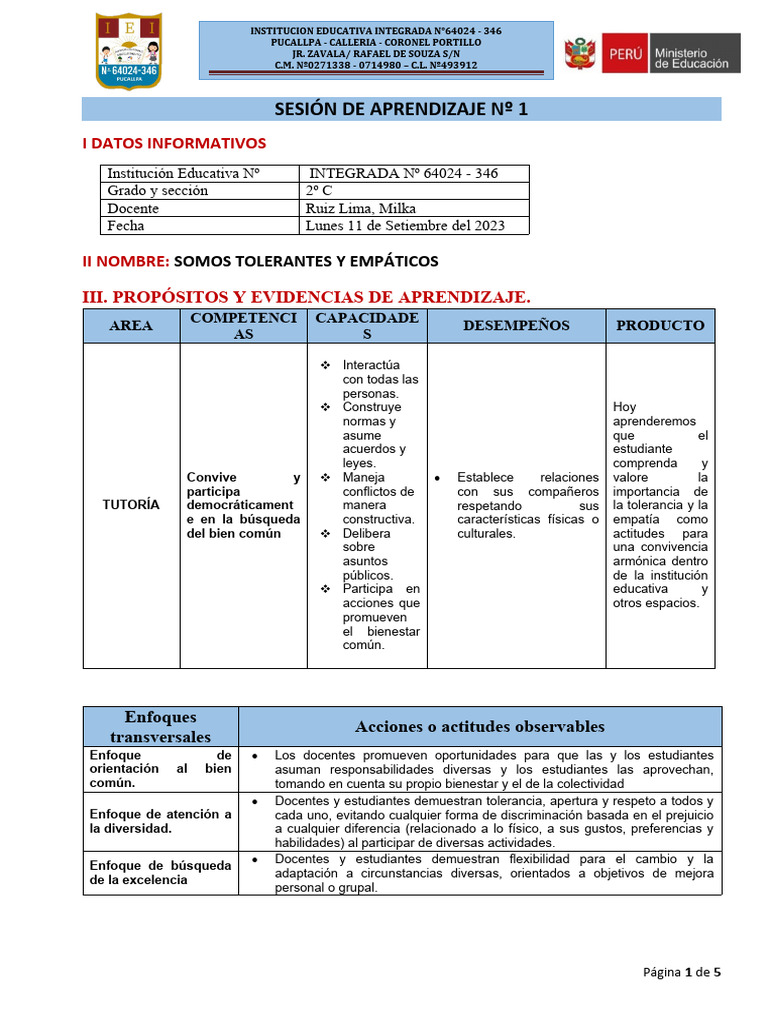 Sesión de Aprendizaje Nuevo Esquema #1 - 1 | PDF | Tolerancia | Empatía