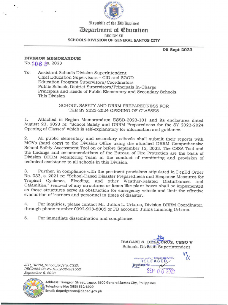 Division Memo 1068 S.2023 School Safety and DRRM Preparedness For The Sy 2023 2024 Opening of ...