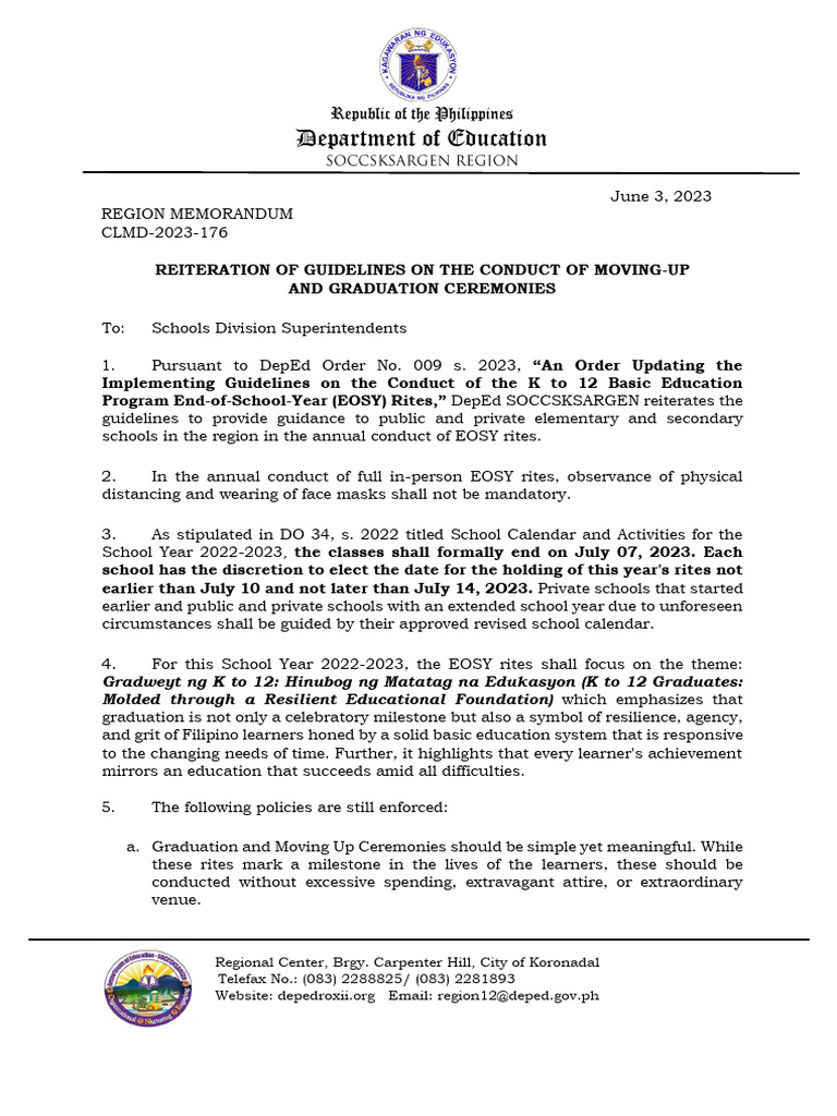 Region Memorandum CLMD 2023 176 REITERATION OF GUIDELINES ON THE ...