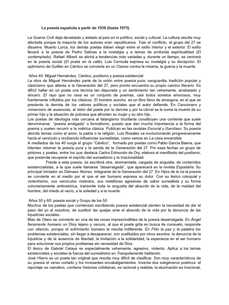 La Poesía Española A Partir de 1936 (Hasta 1975) | PDF | Poesía ...
