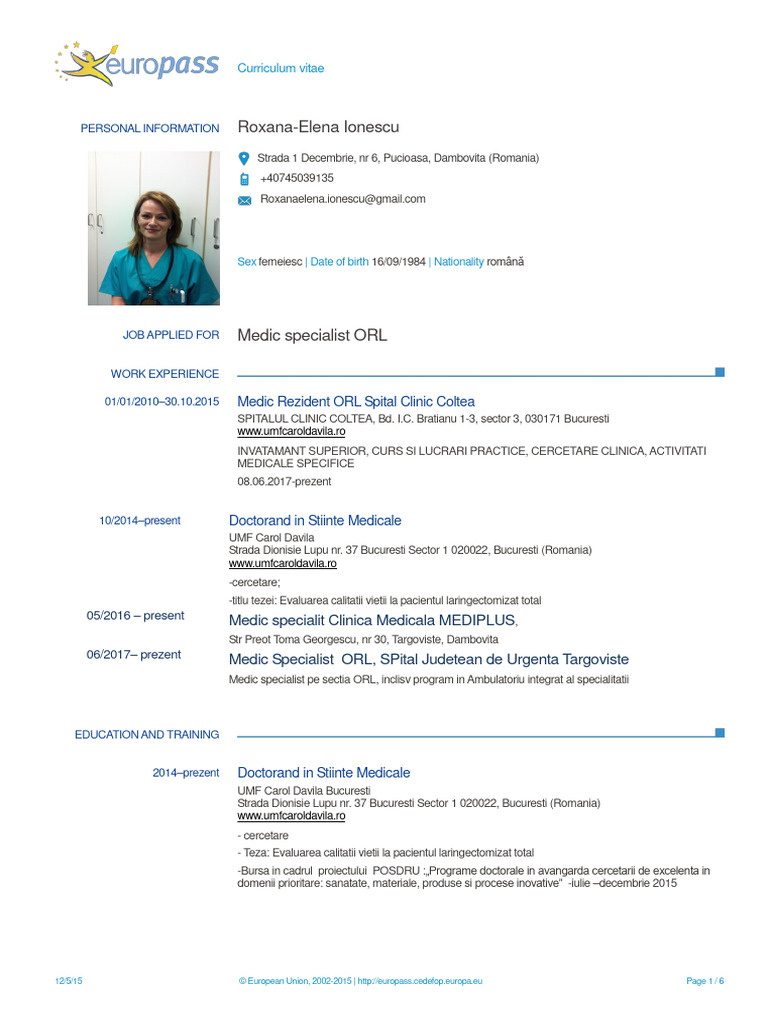 Europass CV Roxana Ionescu 2015 | PDF | Cancer | Medical Specialties