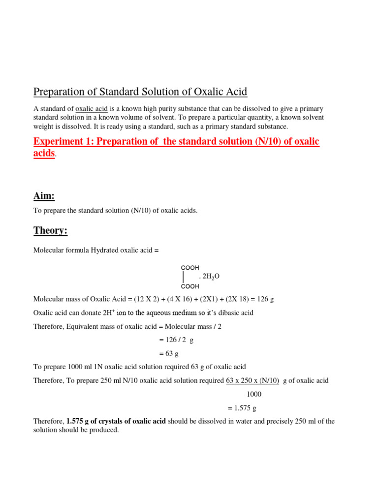 Preparation of Standard Solution of Oxalic Acid | PDF | Chemistry ...
