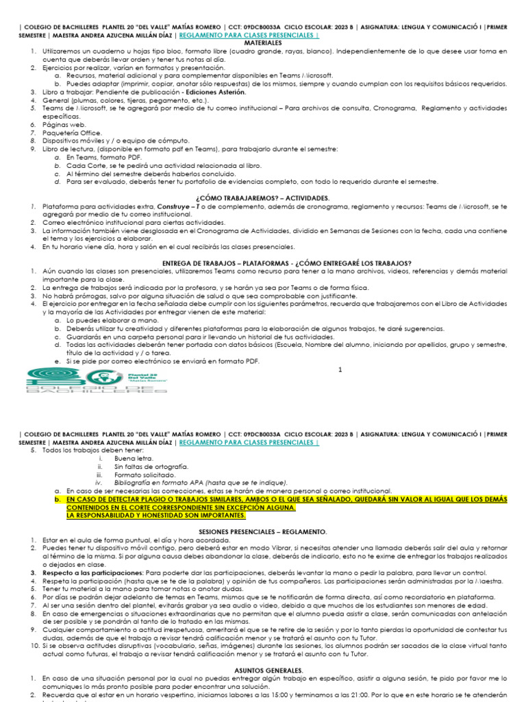 Reglamento para Clases 1° | PDF