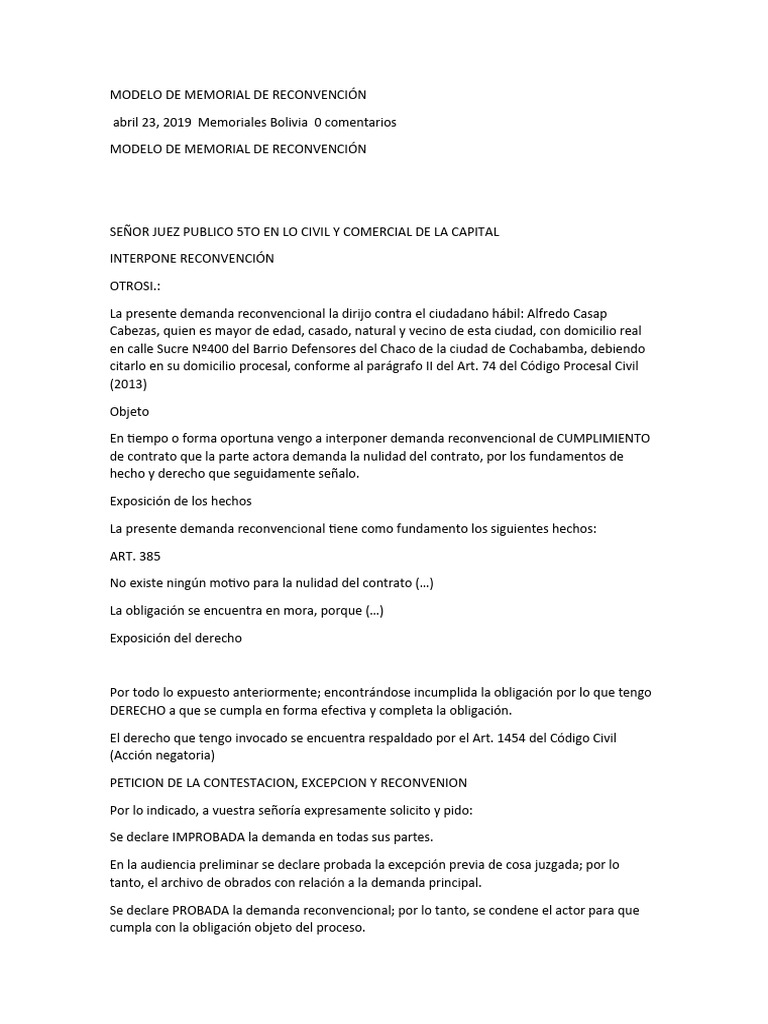 Modelo de Memorial de Reconvención | PDF