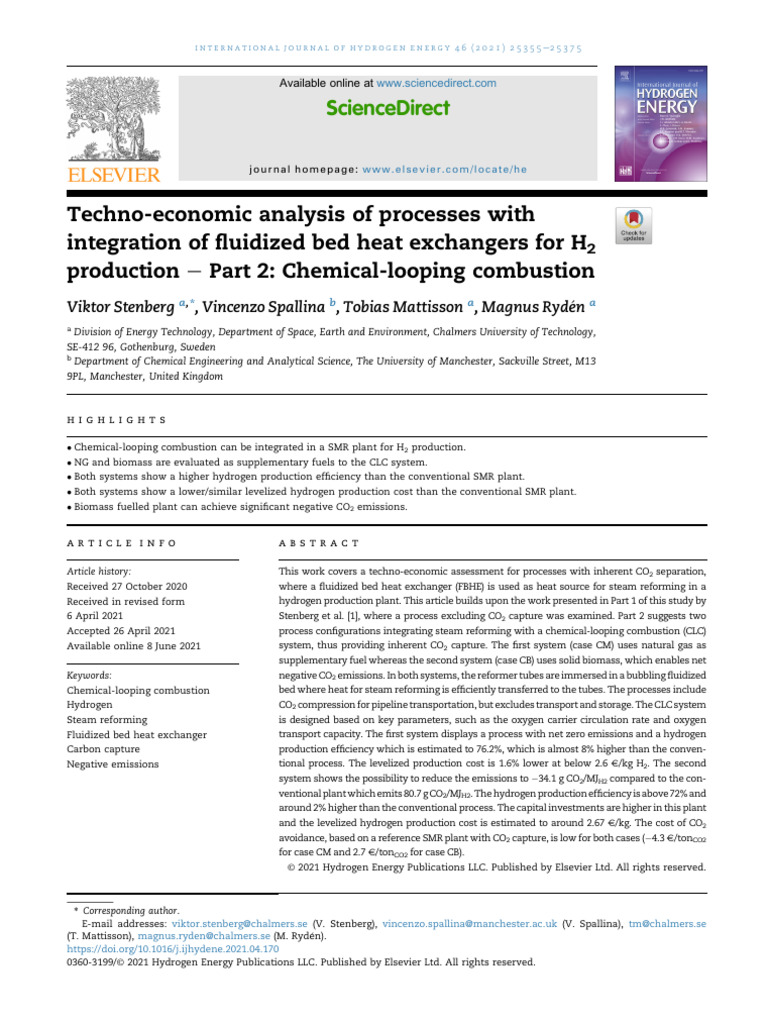 Techno-Economic Analysis of Processes With Integration of Fluidized Bed Heat Exchangers For H2 ...