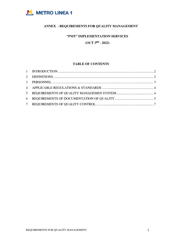 ANNEX - REQUIREMENTS FOR QUALITY MANAGEMENT - PMT Implementation ...