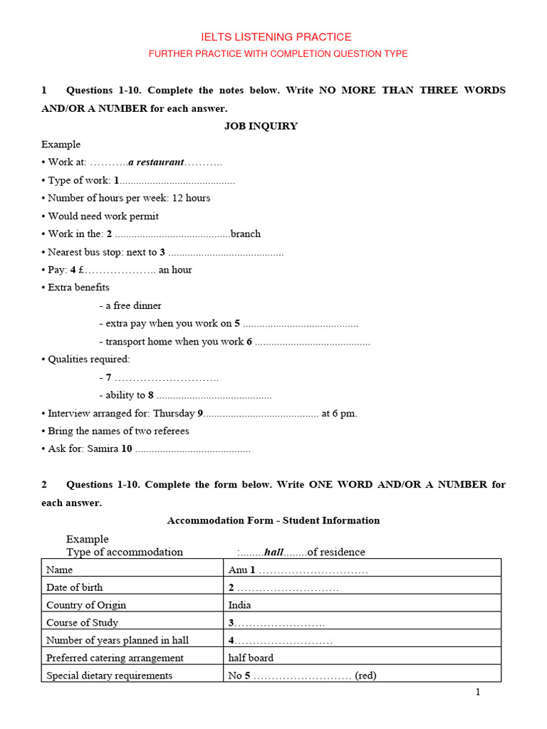 IETLS 6.5 Further Practice Section 1 | PDF