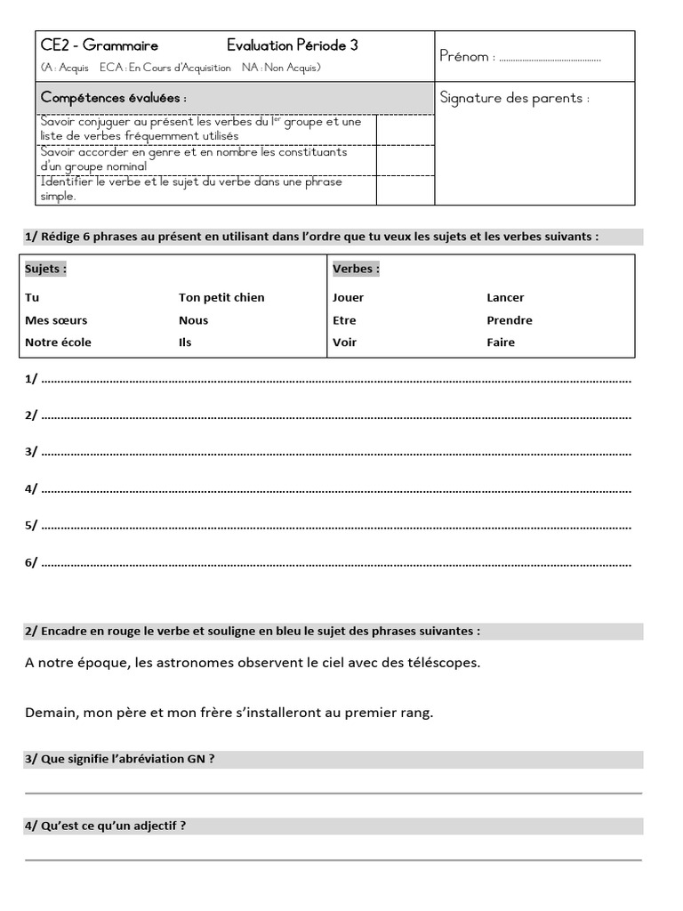 Évaluation Grammaire CE2 Période 3 | PDF | Sujet (Grammaire) | Nombre ...