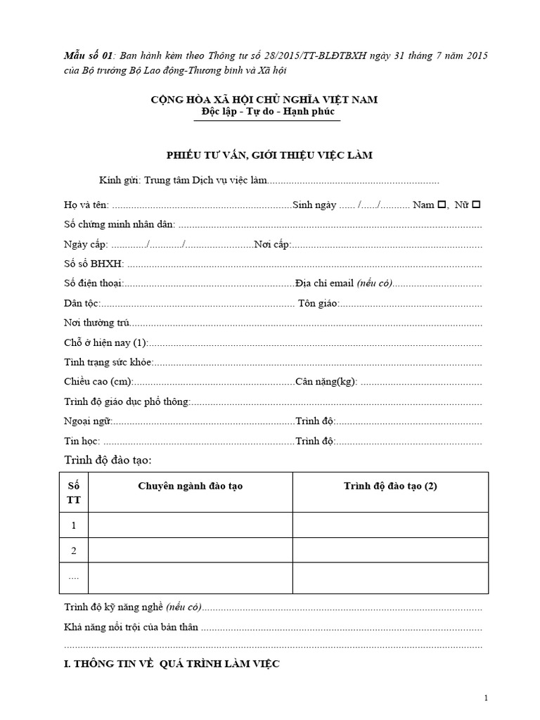 Mau So 01 Phieu-Tu-Van-Gioi-Thieu-Viec-Lam | PDF