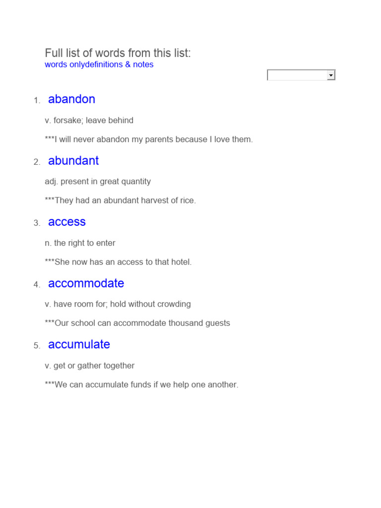 Vocabulary Words and Definitions List | PDF | Suffering