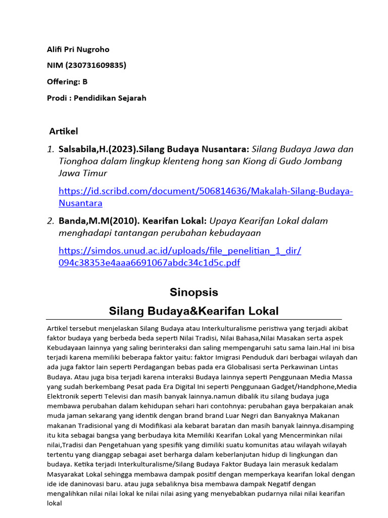 Sinopsis Silang Budaya Dan Kearifan Lokal | PDF | Politik | Ilmu Sosial