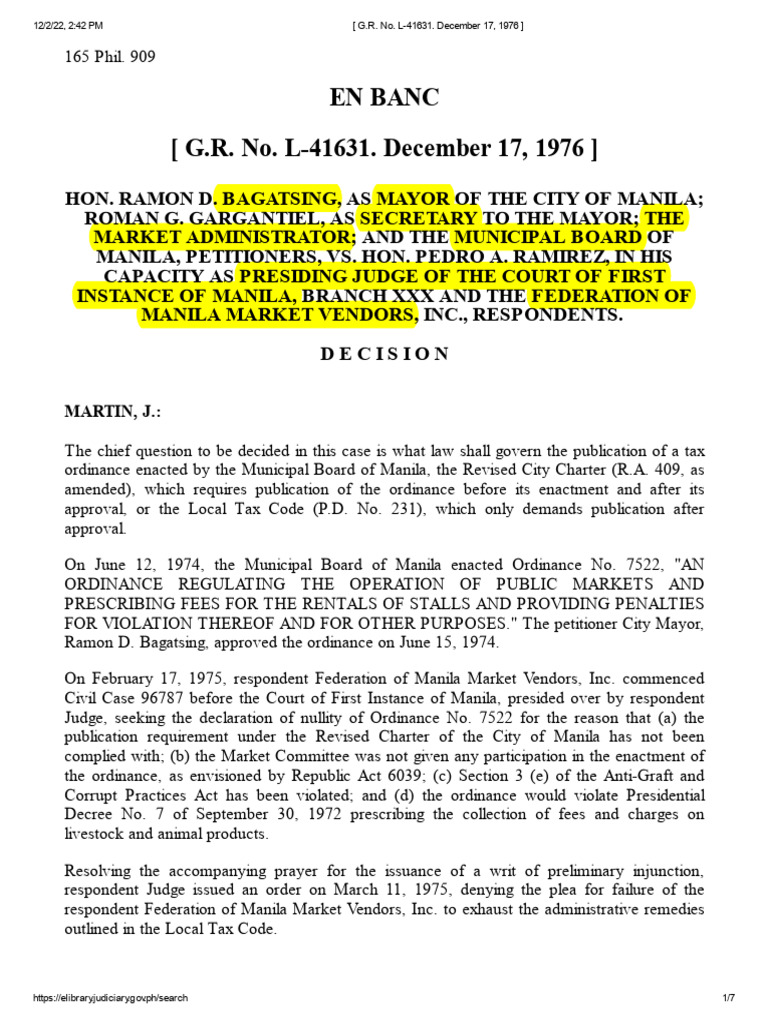 Hon. Ramon Bagatsing, Et. Al. v. Hon. Pedro Ramirez, Et. Al | PDF ...