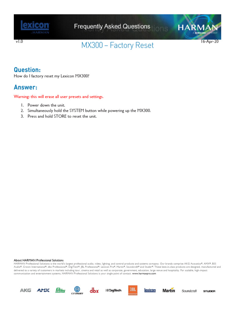 MX300 - Factory Reset | PDF
