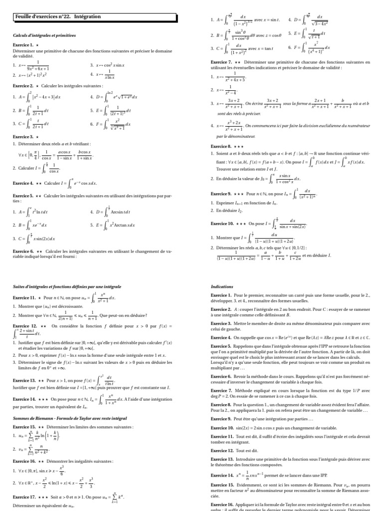 Exercices d'intégration et primitives mathématiques | PDF | Intégral ...