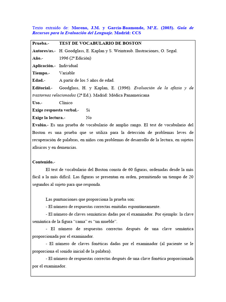 Test de Vocabulario de Boston: Evaluación Clínica | PDF | Estudios de ...