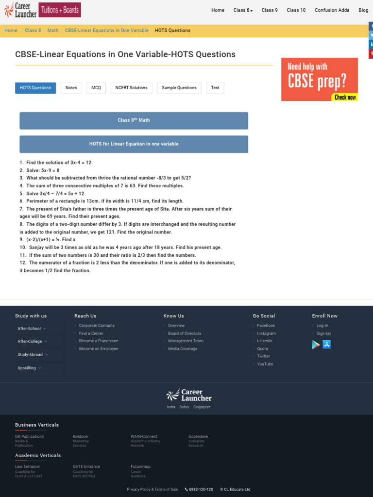 CBSE 8, Math, HOTS Questions Linear | Download Free PDF | Mathematical ...