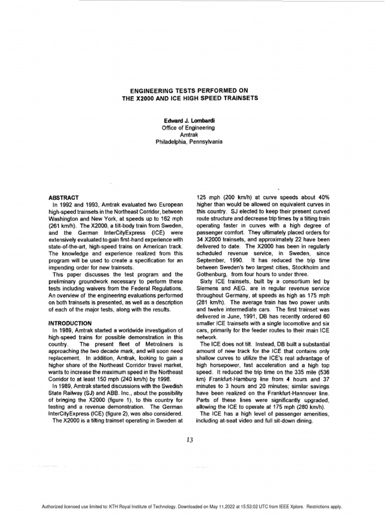 Engineering Tests Performed On The X2000 and ICE High Speed Trainsets ...