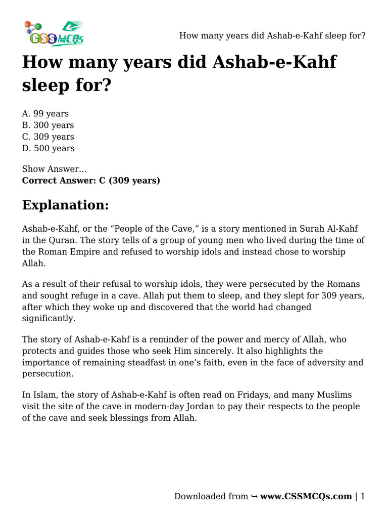 How Many Years Did Ashab-e-Kahf Sleep For | PDF