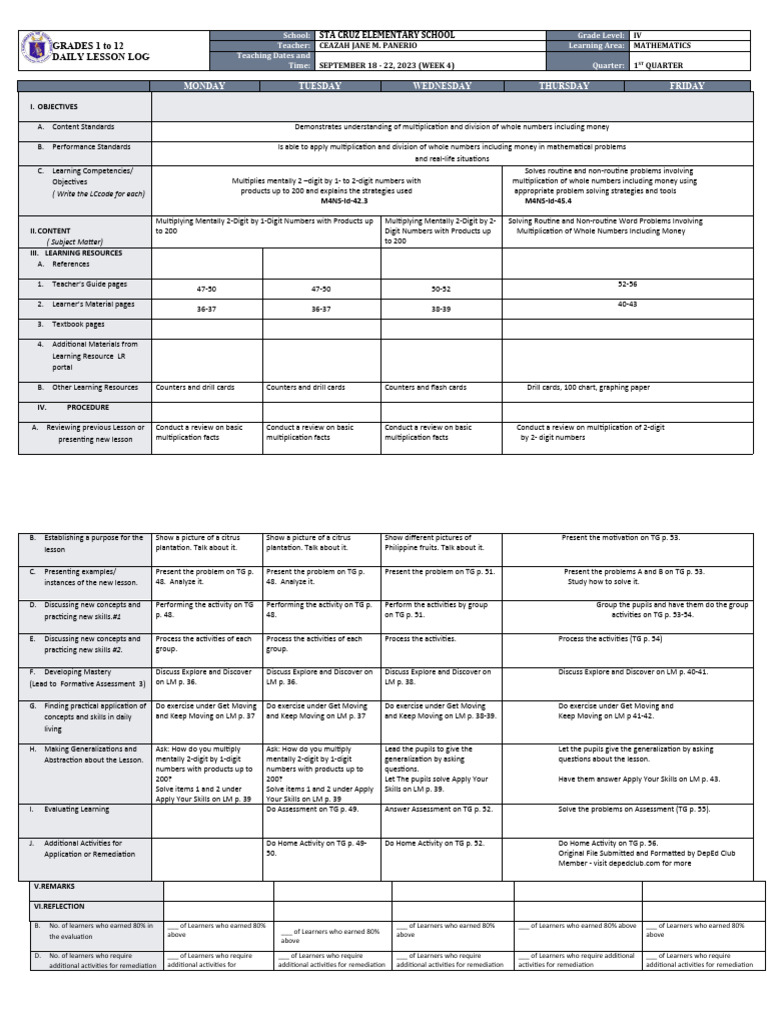 DLL - Mathematics 4 - Q1 - W4 | PDF | Learning | Multiplication