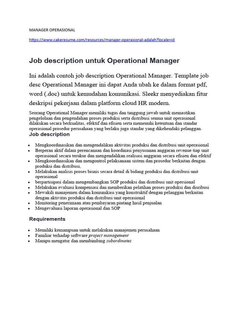 Manager Operasional | PDF | Bisnis