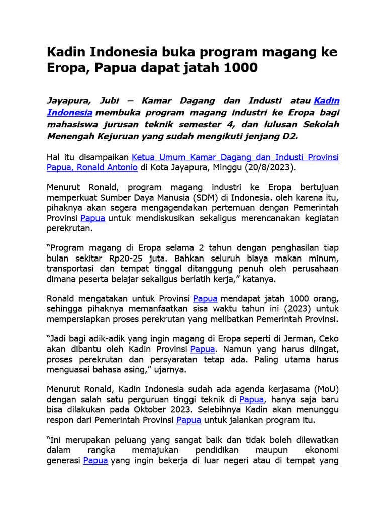 Kadin Indonesia Buka Program Magang Ke Eropa | PDF