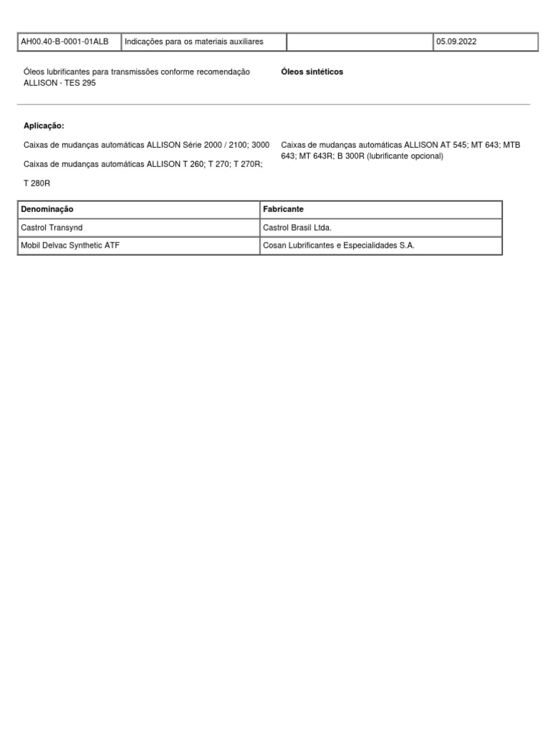 Oleos Lubrificantes para Transmissoes Allison Tes 295 | PDF