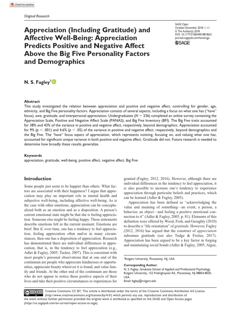 Appreciation Including Gratitude and Affective Wel | PDF | Human ...