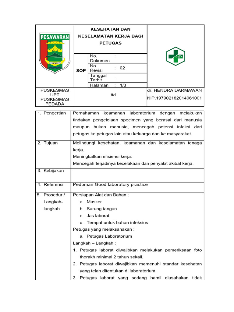 SOP Kesehatan dan Keselamatan Petugas Laborat | PDF