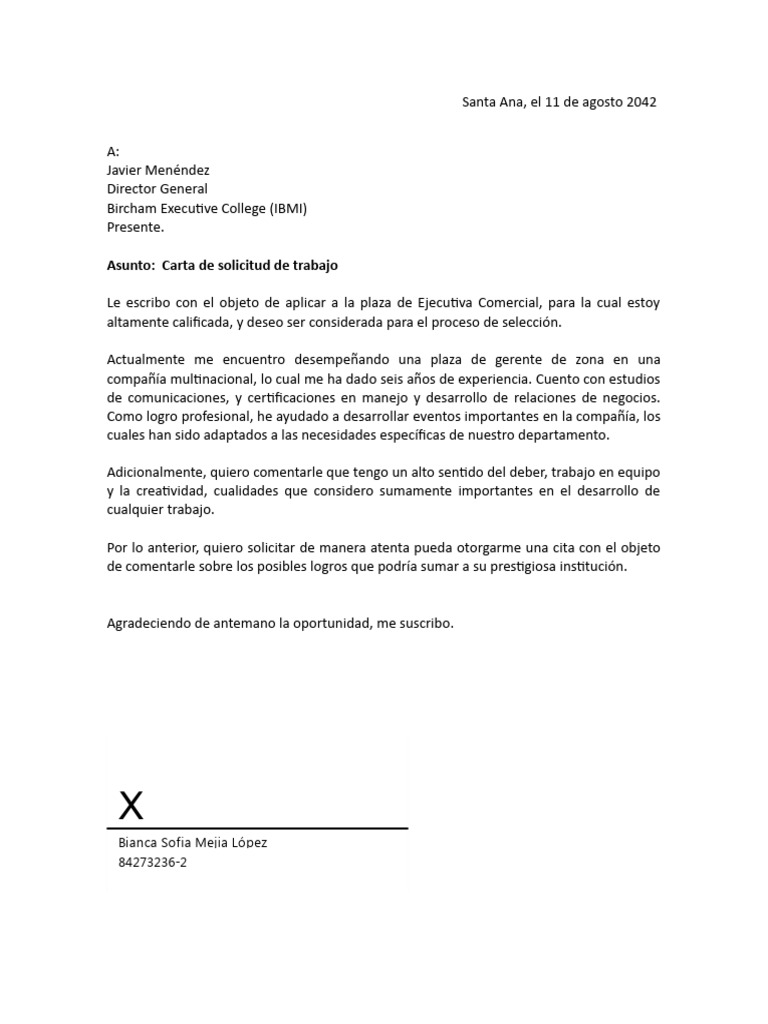 Solicitud de Empleo de Bianca Mejía | PDF