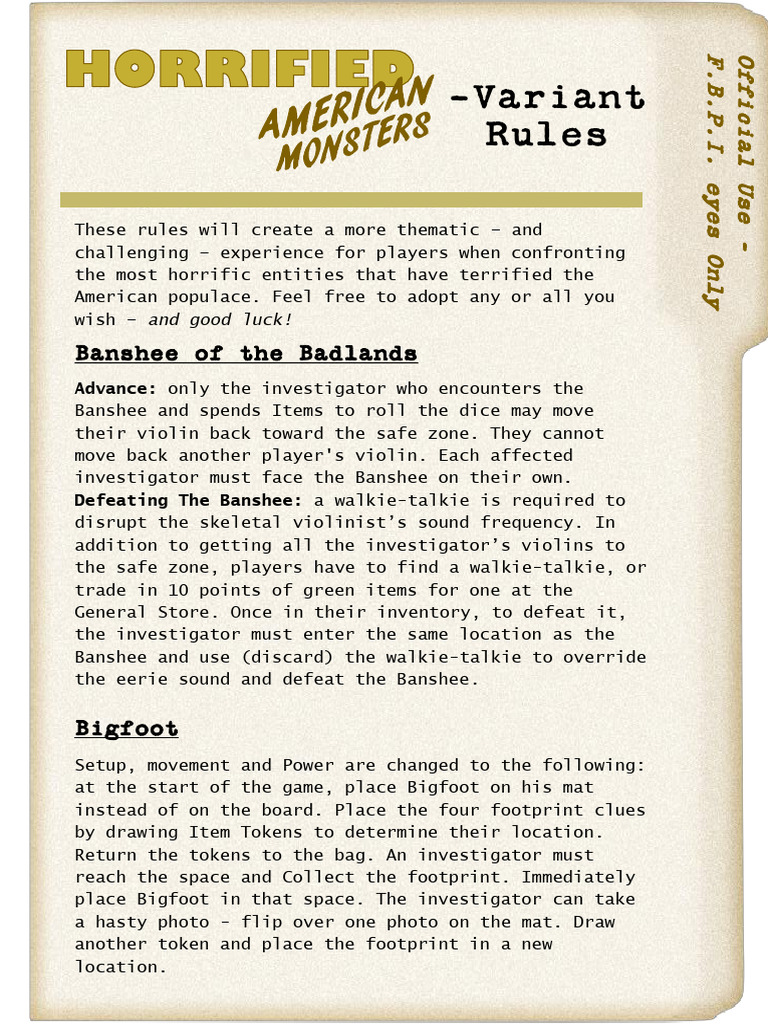 Horrified-American Monsters Variant Rules-Printable | PDF