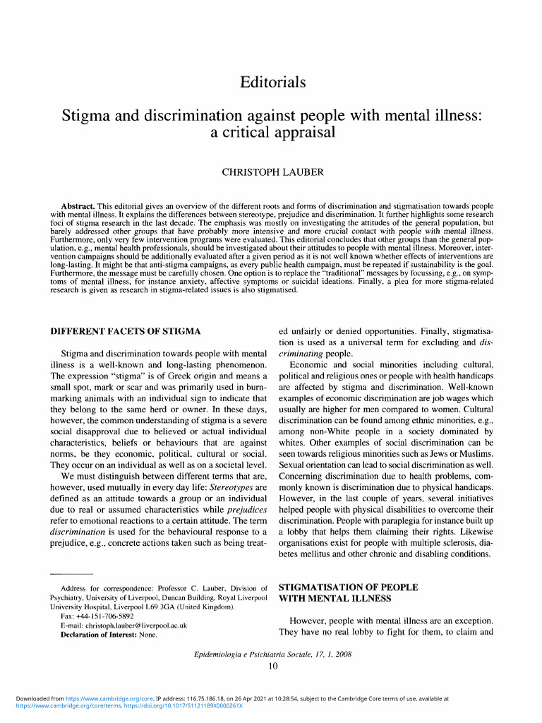 Stigma and Discrimination Against People With Mental Illness A Critical ...