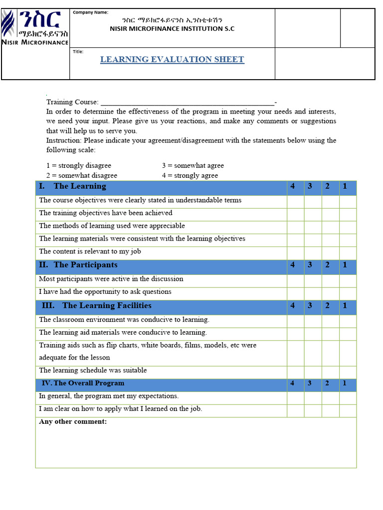 Learning Evaluation Sheet Template | PDF | Career & Growth
