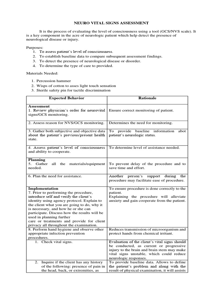 Neuro Vital Signs Assessment Procedure and Checklist | PDF | Senses | Foot