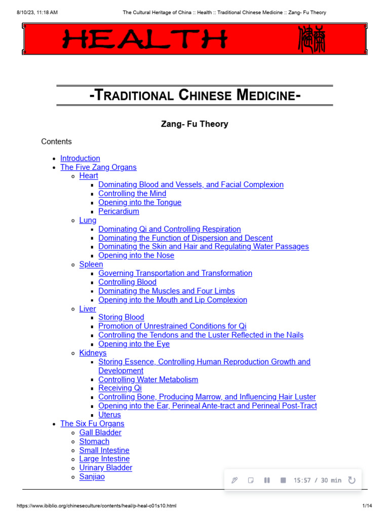 The Cultural Heritage of China - Health - Traditional Chinese Medicine - Zang - Fu Theory ...