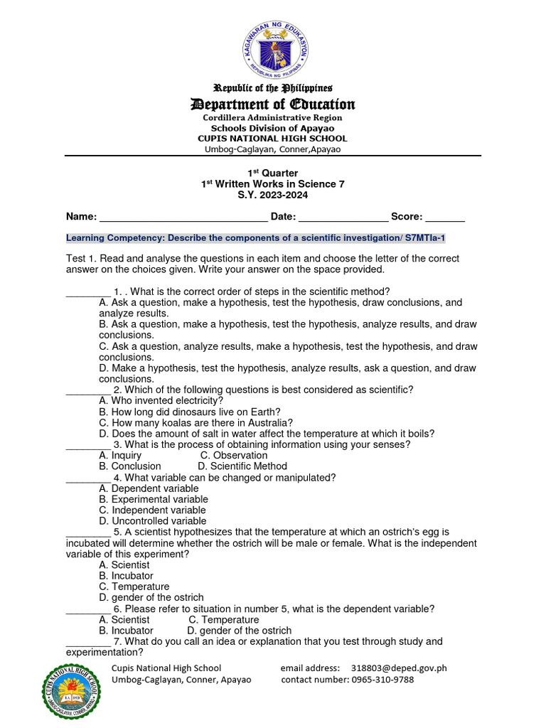Scientific Investigation Quiz for Grade 7 | PDF | Experiment ...