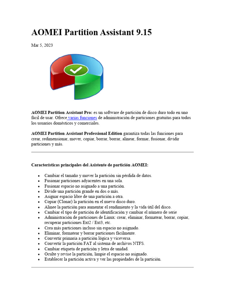 AOMEI Partition Assistant 9.15: Funciones Clave | PDF | Software ...