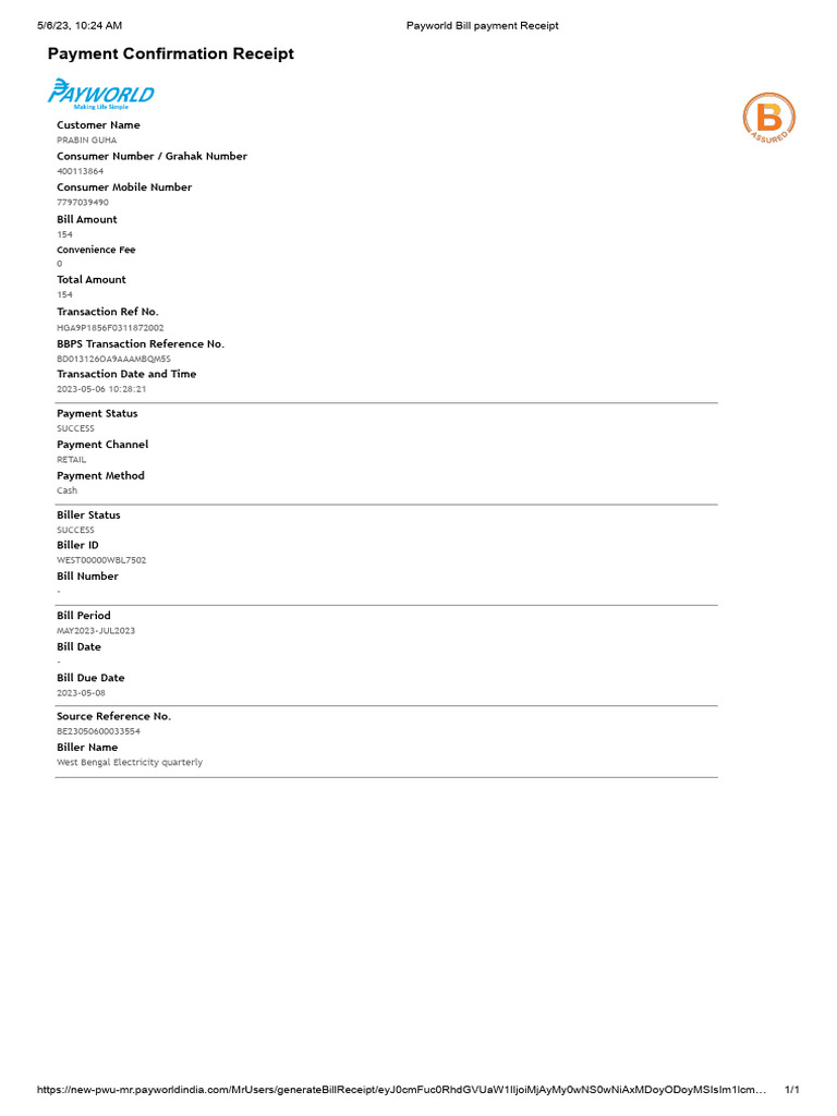 Payworld Bill Payment Receipt Prabin | PDF | Finance & Money Management