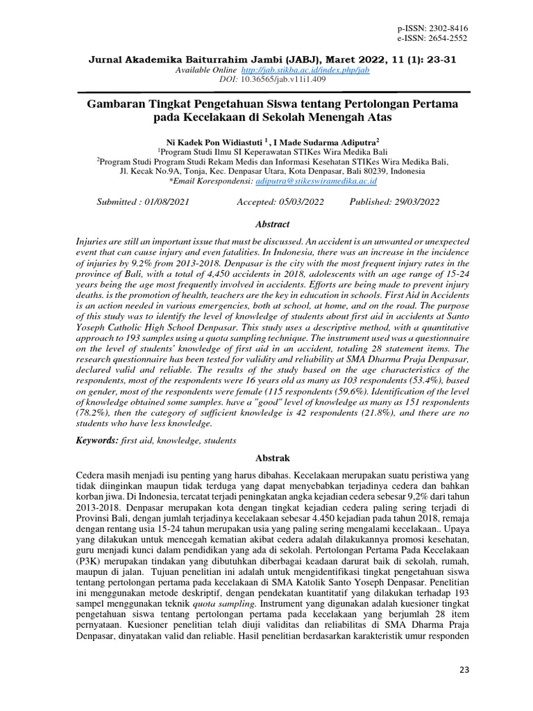 Gambaran Tingkat Pengetahuan Siswa Tentang Pertolo | PDF