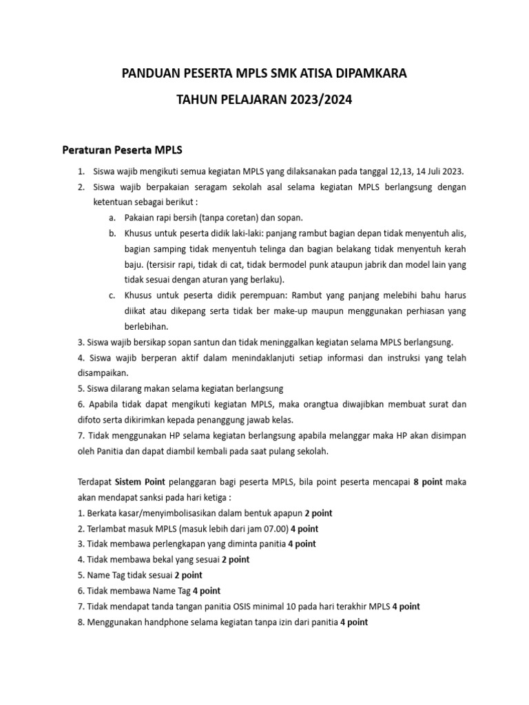 Panduan Peserta Mpls SMK Atisa Dipamkara 2023 - 2024 | PDF