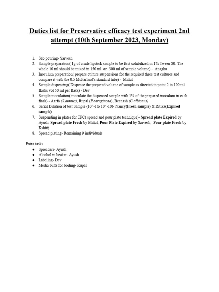 Preservative Efficacy Test Duties List | PDF | Cooking, Food & Wine ...