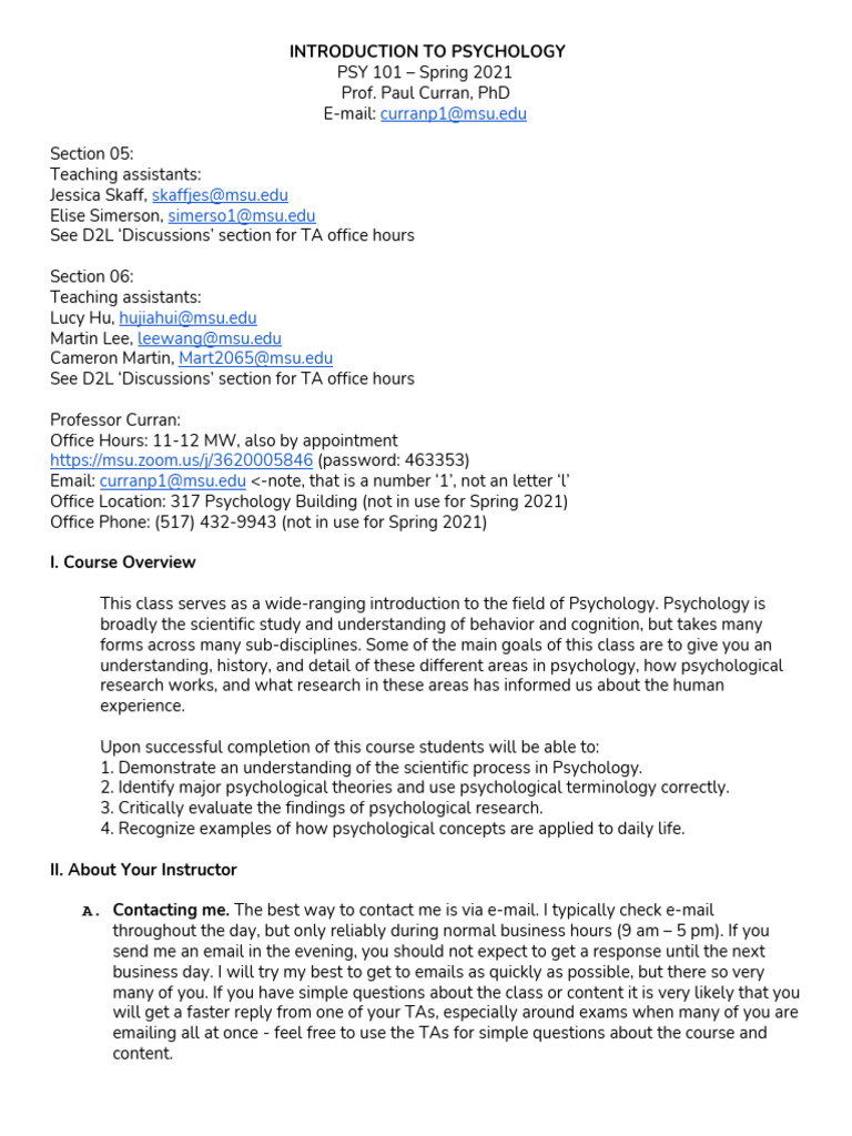 Psych 101 Syllabus Ss21 | PDF