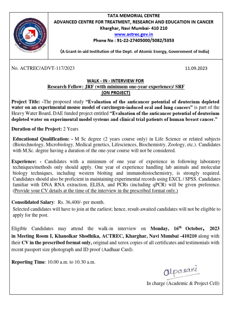 ADVT-117-Research Fellow-JRF-SRF | PDF | Biology | Biotechnology