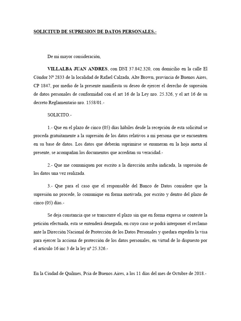 Solicitud de Supresion de Datos Personales | PDF | Derecho