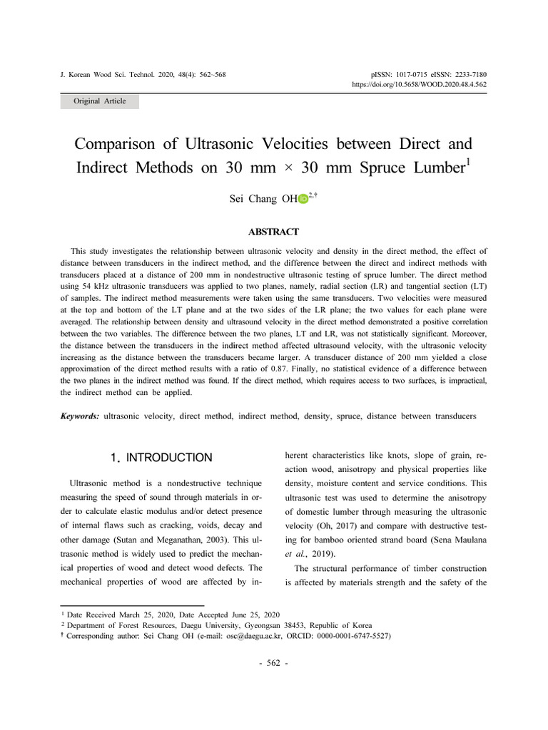 Comparison of Ultrasonic Velocities Between Direct and Indirect Methods On 30 MM × 30 MM Spruce ...