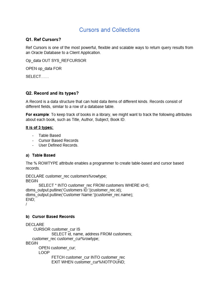 Cursors and Collections | Download Free PDF | Pl/Sql | Data Type
