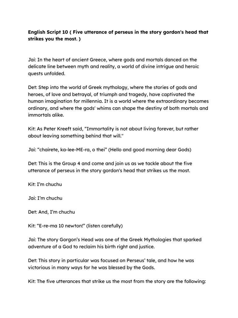 English Script 10 (Five Utterance of Perseus in The Story Gordon's Head ...