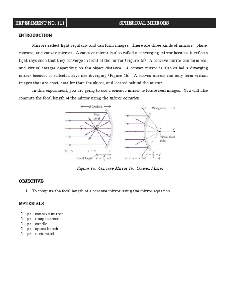 Experiment 111 Spherical Mirrors | PDF | Mirror | Glass Applications